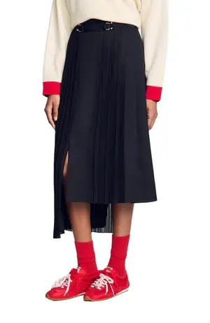 Sandro Long Asymmetrical Pleated Skirt