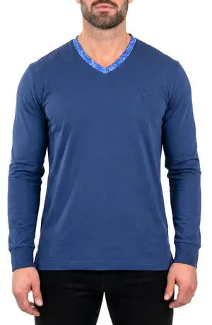 MACEOO Edison Stretch Cotton Long Sleeve V-neck T-shirt - Blue