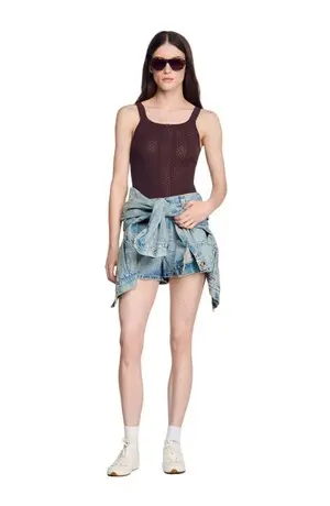 Sandro Pointelle Knit Vest Top With Bow Detail