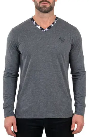 MACEOO Edison Stretch Cotton Long Sleeve V-neck T-shirt - Grey