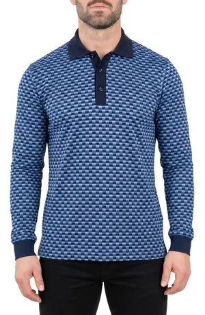 MACEOO Geometric Long Sleeved Cotton Polo - Blue