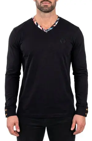 MACEOO Edison Stretch Cotton Long Sleeve V-neck T-shirt - Black