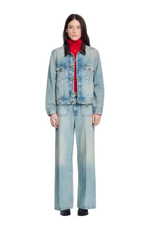 Sandro Denim Jacket With Leather Collar