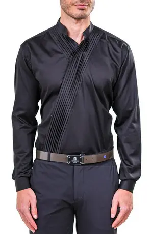 MACEOO Kymono Asymmetric Pleat Button-up Shirt - Black