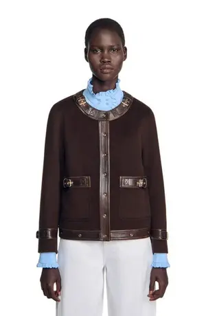 Sandro Short Coat With Leather Details