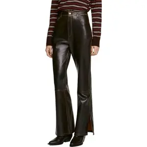 Sandro Distressed Leather Flared Trousers - Brown