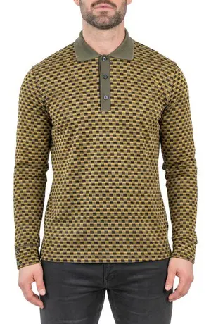 MACEOO Long Sleeve Check Print Knit Polo - Yellow