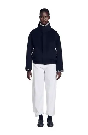 Sandro Cropped Wool Jacket With Topstitched Details