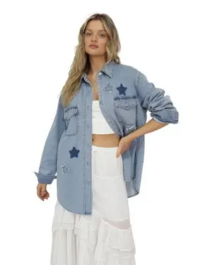 BELLE & BLOOM Stargazer Patch Detail Denim Shirt - Blue