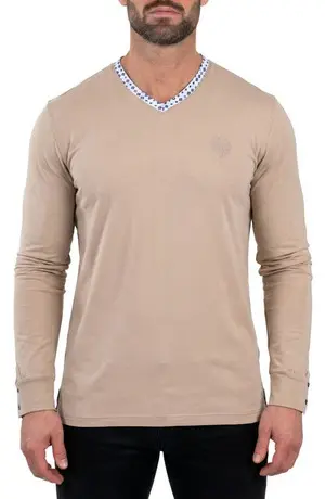 MACEOO Edison Stretch Cotton Long Sleeve V-neck T-shirt - Beige