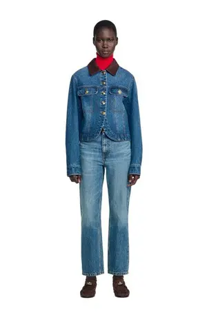 Sandro Denim Jacket With Leather Collar