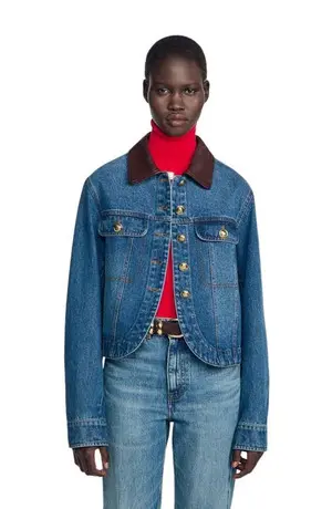 Sandro Denim Jacket With Leather Collar