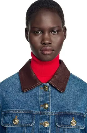Sandro Denim Jacket With Leather Collar