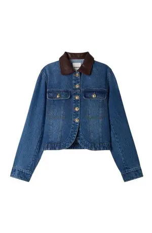 Sandro Denim Jacket With Leather Collar
