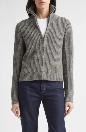 NILI LOTAN Arlen Ribbed Zip Cardigan - Medium Grey Melange