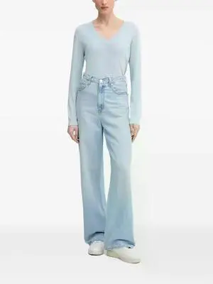 BENETTON V-neck Ribbed Knit Sweater - Blue