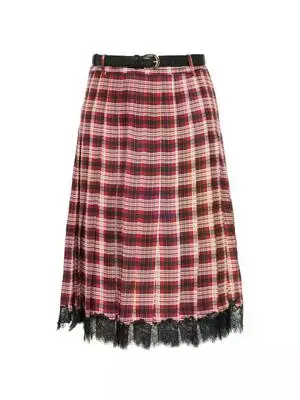 SELF-PORTRAIT Pleated Lace-trim Skirt - Red