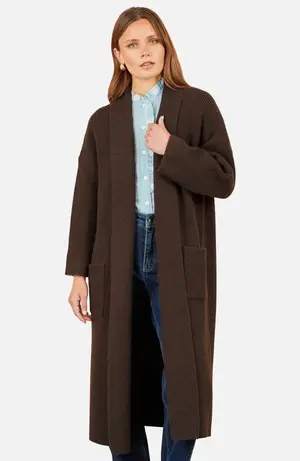 YUMI Long Sleeve Knitted Maxi Cardigan - Brown