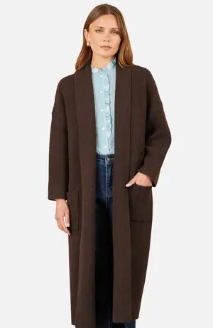 YUMI Long Sleeve Knitted Maxi Cardigan - Brown