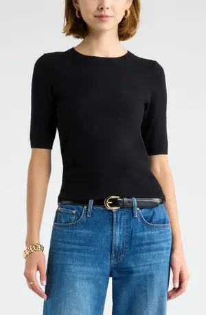 OPEN EDIT Elbow Sleeve Crewneck Fine Knit Sweater - Black