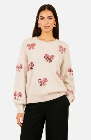 YUMI Relaxed Knit Sequin Bow Jumper