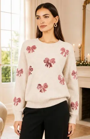 YUMI Relaxed Knit Sequin Bow Jumper