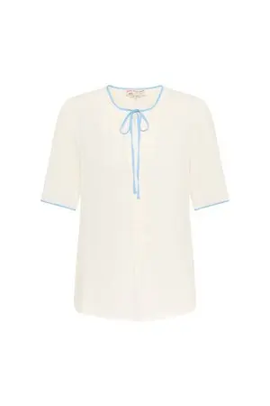 MAISON COMMON Half Sleeve Top With Bow Tie Detail - Ecru Blue