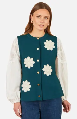 YUMI Yumi Flower Appliqué Knit Waistcoat Teal