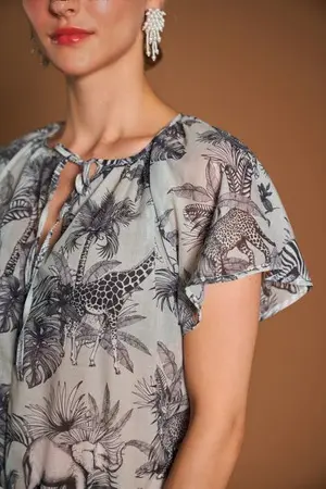 MAISON COMMON Printed Silk Blouse With Cap Sleeves