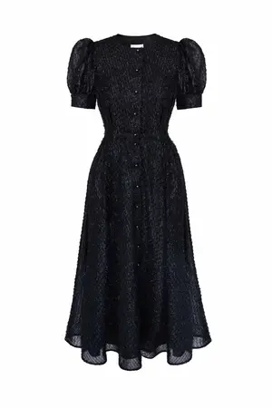 POST MERIDIEM Sequin Button Front Midi Dress - Black
