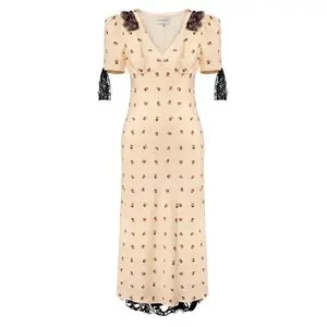 POST MERIDIEM Fitted Lace Midi Dress With Short Sleeves - Yellow