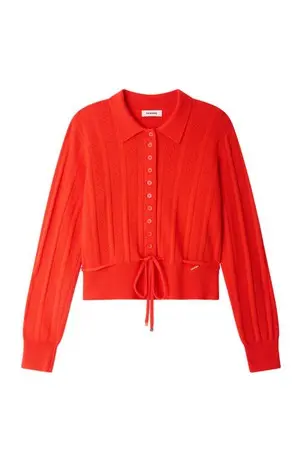 Sandro Pointelle Knit Cardigan With Adjustable Waist Tie