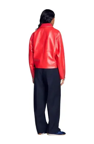 Sandro Leather Zip-up Jacket With Ribbed Collar