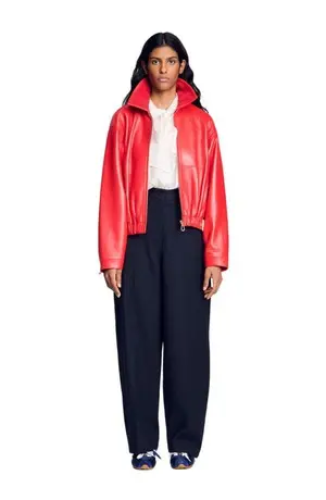 Sandro Leather Zip-up Jacket With Ribbed Collar