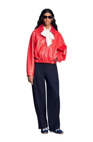 Sandro Leather Zip-up Jacket With Ribbed Collar