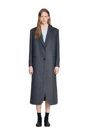 Sandro Long Wool Coat With Rhinestones