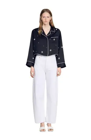 Sandro Pyjama-style Shirt With Pearl And Rhinestone Embellishments