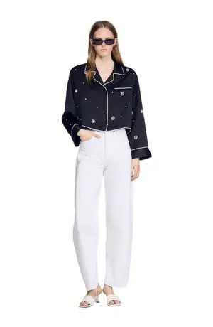 Sandro Pyjama-style Shirt With Pearl And Rhinestone Embellishments