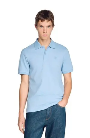 Sandro Cotton Polo Shirt With Leather Logo - Blue Grey