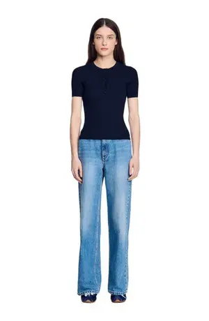 Sandro Ribbed Short-sleeve Knit Sweater With Button Placket