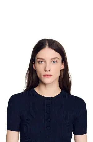 Sandro Ribbed Short-sleeve Knit Sweater With Button Placket