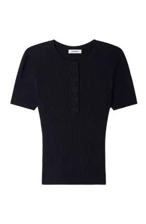 Sandro Ribbed Short-sleeve Knit Sweater With Button Placket
