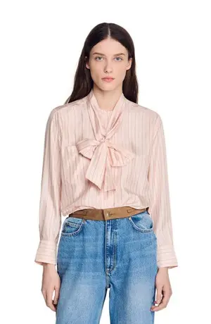 Sandro Striped Tie-neck Shirt - Light Pink