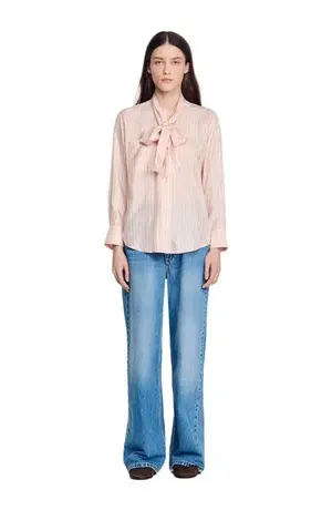 Sandro Striped Tie-neck Shirt - Light Pink