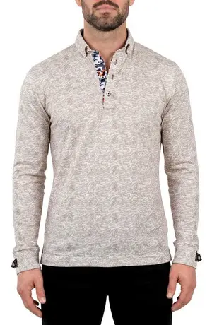 MACEOO Anima Long Sleeve Print Polo - Grey