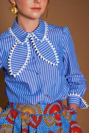 MAISON COMMON Striped Cotton Blouse With Macrame Trim And Bow Detail