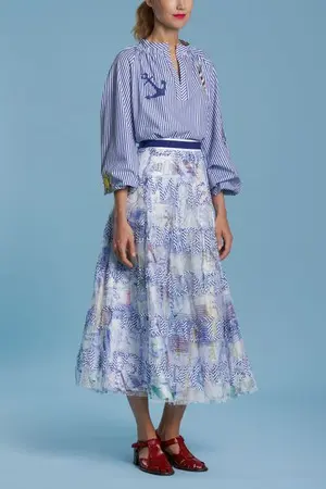 MAISON COMMON Striped Blouse With Applique And Balloon Sleeves