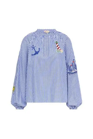 MAISON COMMON Striped Blouse With Applique And Balloon Sleeves