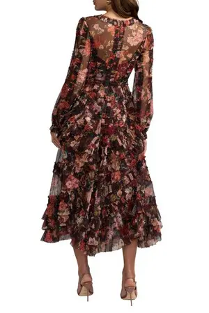 Mac Duggal Multicolor Floral Long Sleeve Micro Ruffle Midi Dress