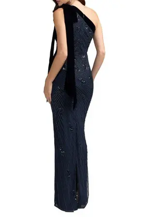 Mac Duggal Beaded One Shoulder Gown With Velvet Bow